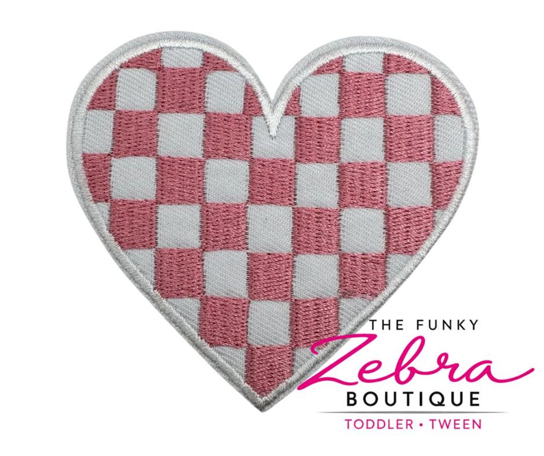 Checkered Print White With Candy Pink Heart Embroidered Iron on Patch ...