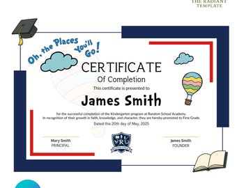 Oh the Places You'll Go Certificate of Completion Kindergarten Diploma ...