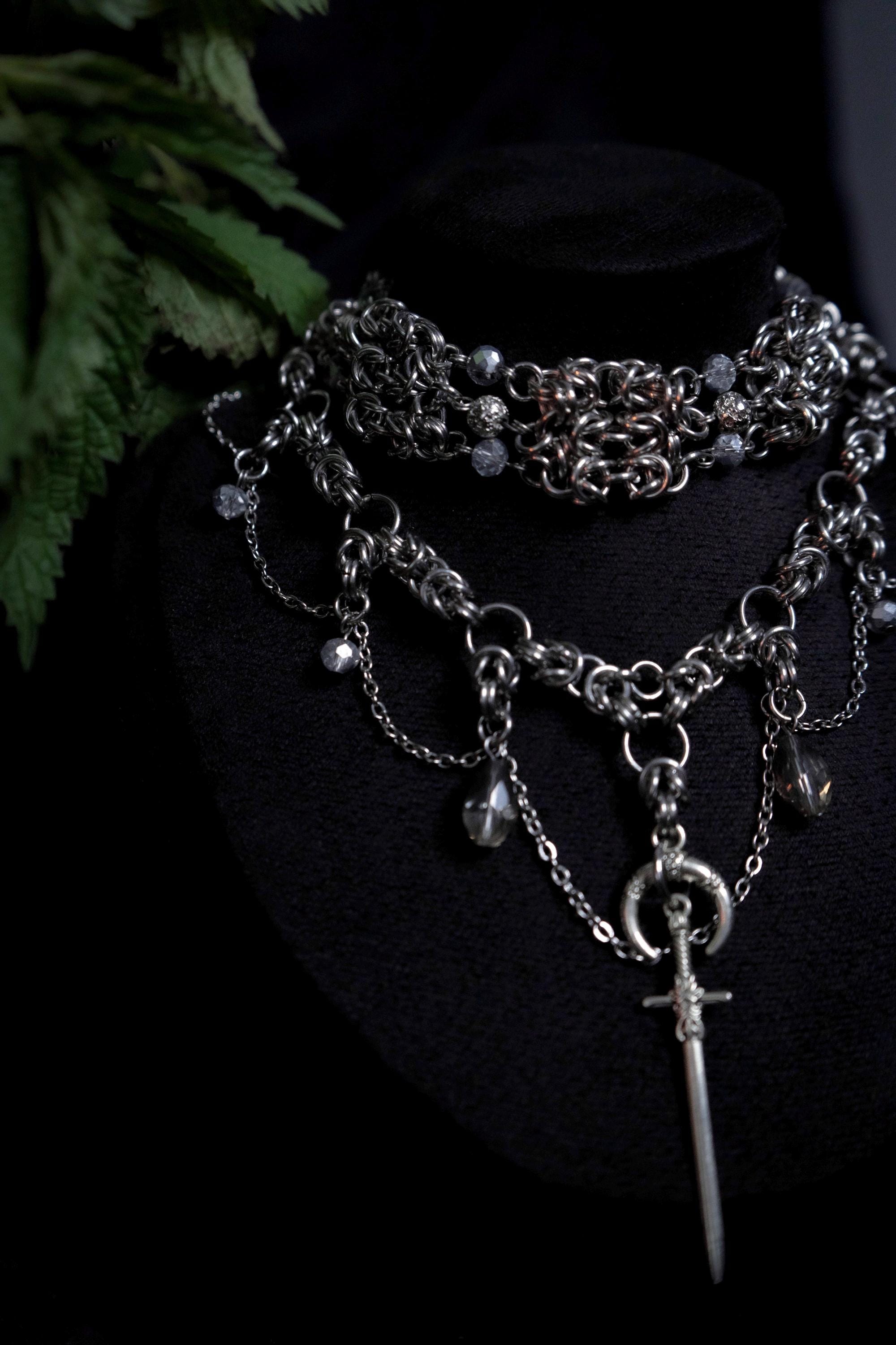 Gothic Sword Pendant Necklace: Handmade Chainmail Choker With Crystal ...