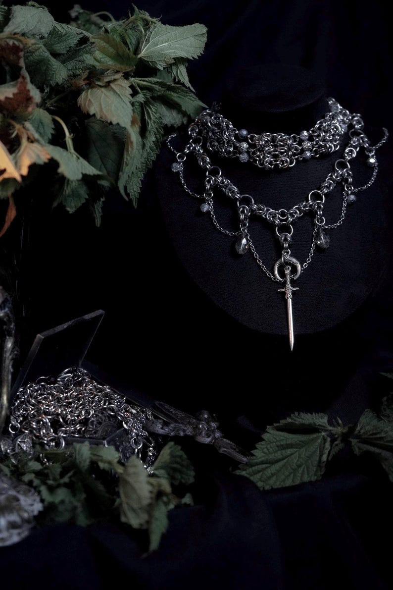 Gothic Sword Pendant Necklace: Handmade Chainmail Choker With Crystal ...