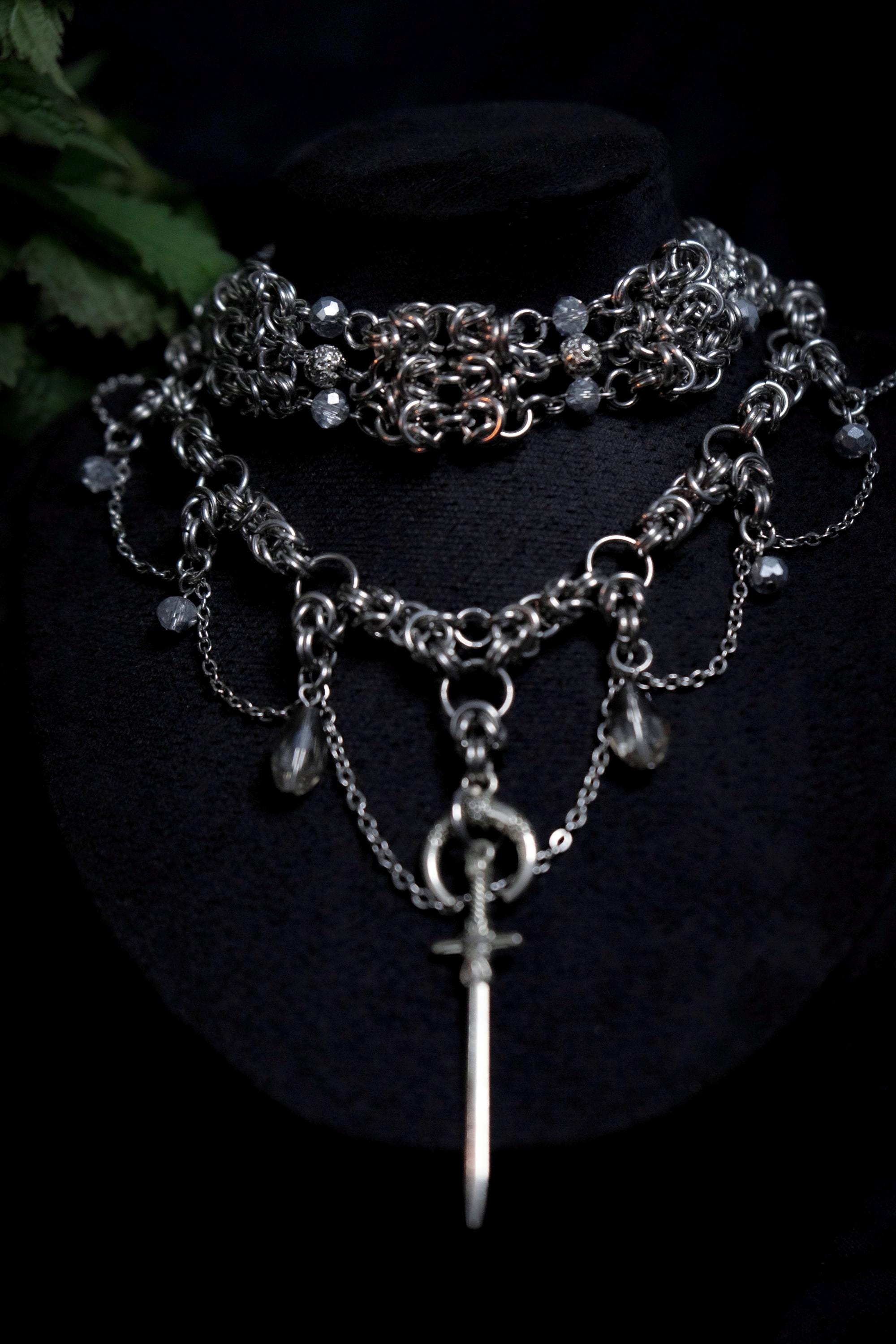 Gothic Sword Pendant Necklace: Handmade Chainmail Choker With Crystal ...