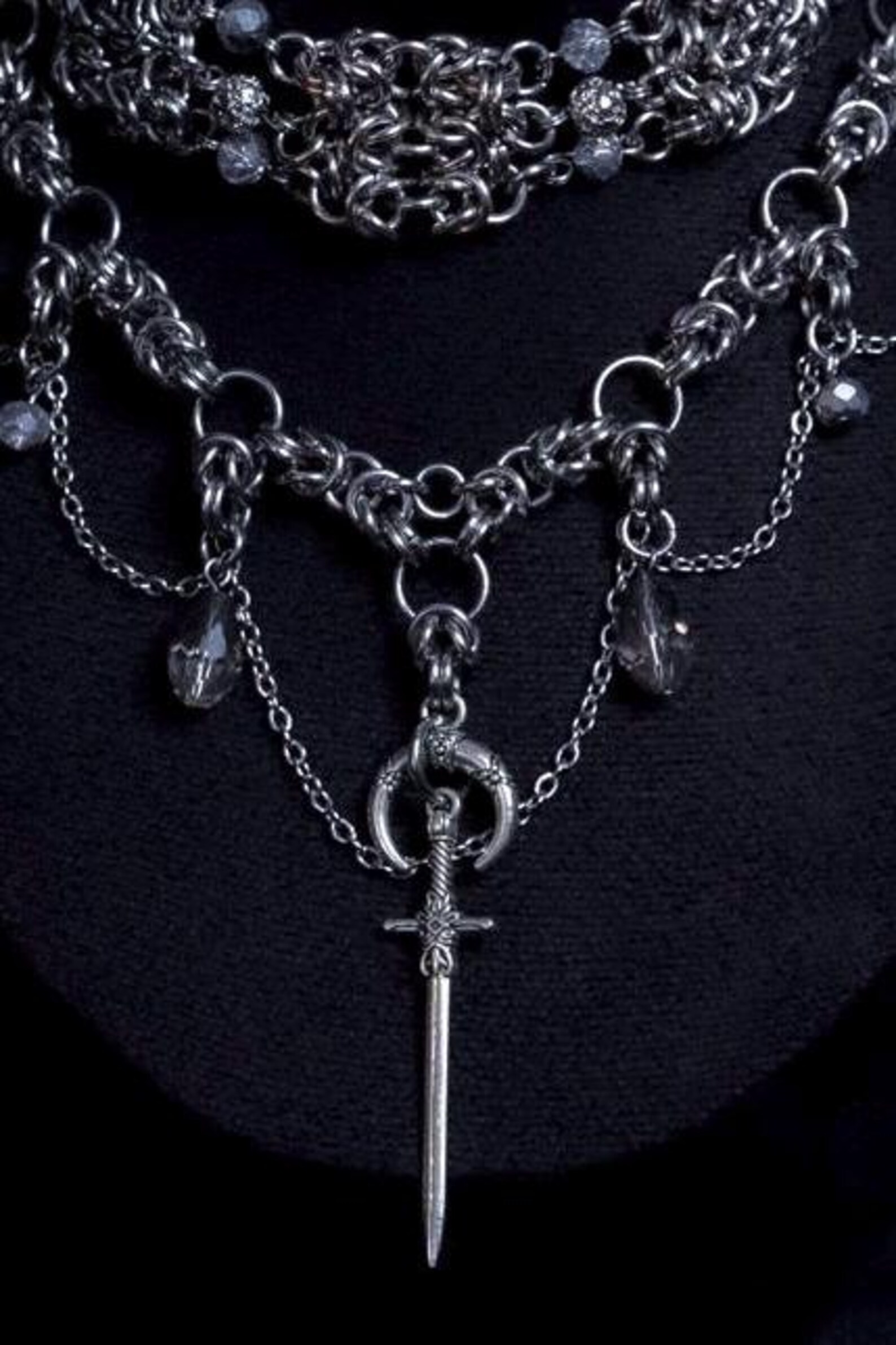 Gothic Sword Pendant Necklace: Handmade Chainmail Choker With Crystal ...
