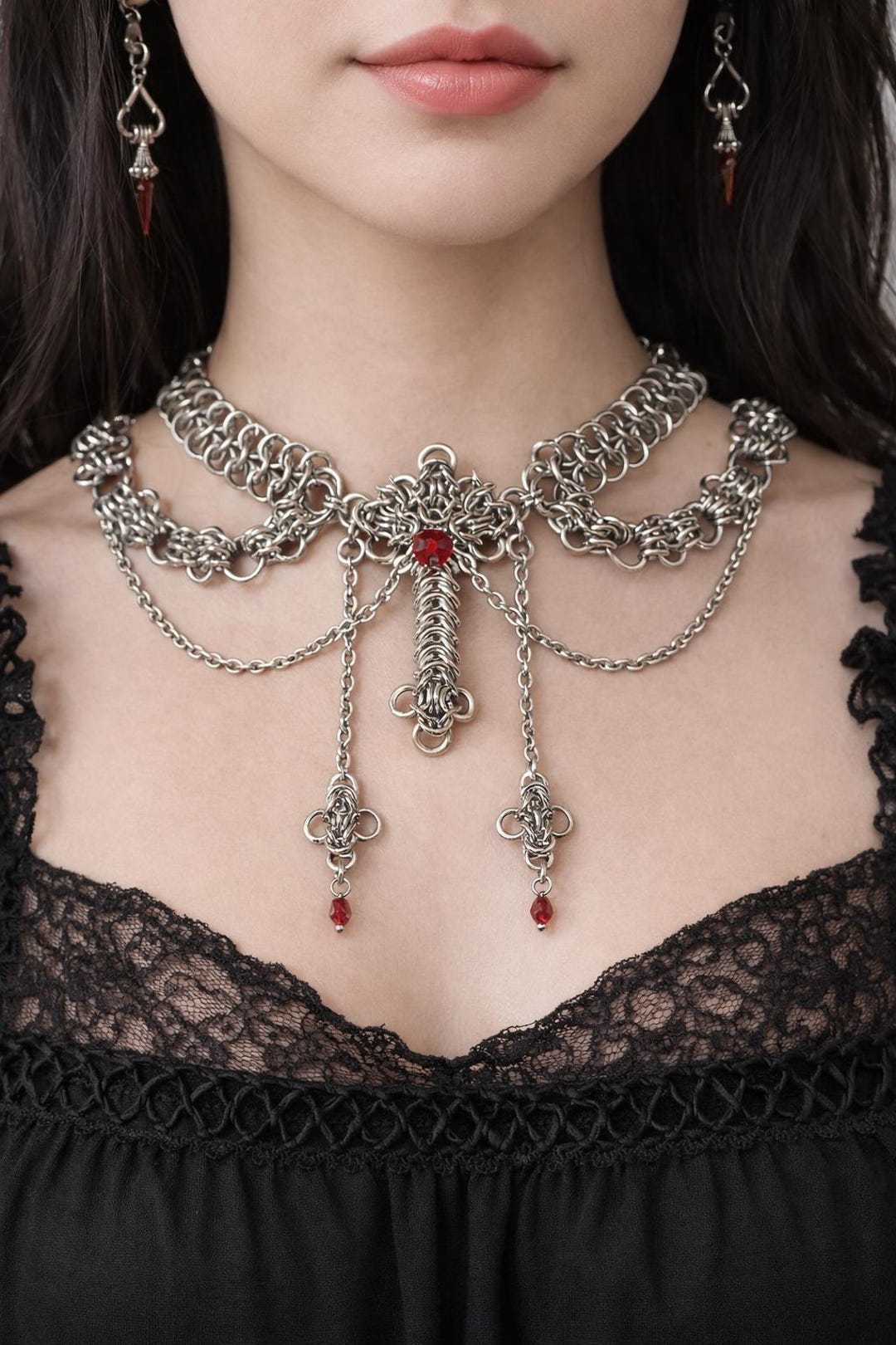 Gothic Chainmail Necklace With Red Gem | Stainless Steel Medieval ...