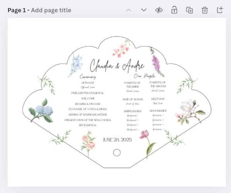 Wedding Program Fan Template- Downloadable, Edit in Canva, Garden Party ...