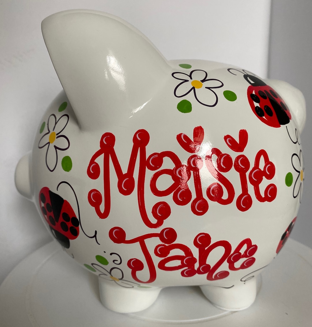 Personalized Hand-painted Ceramic Piggy Bank With Red Ladybugs and ...