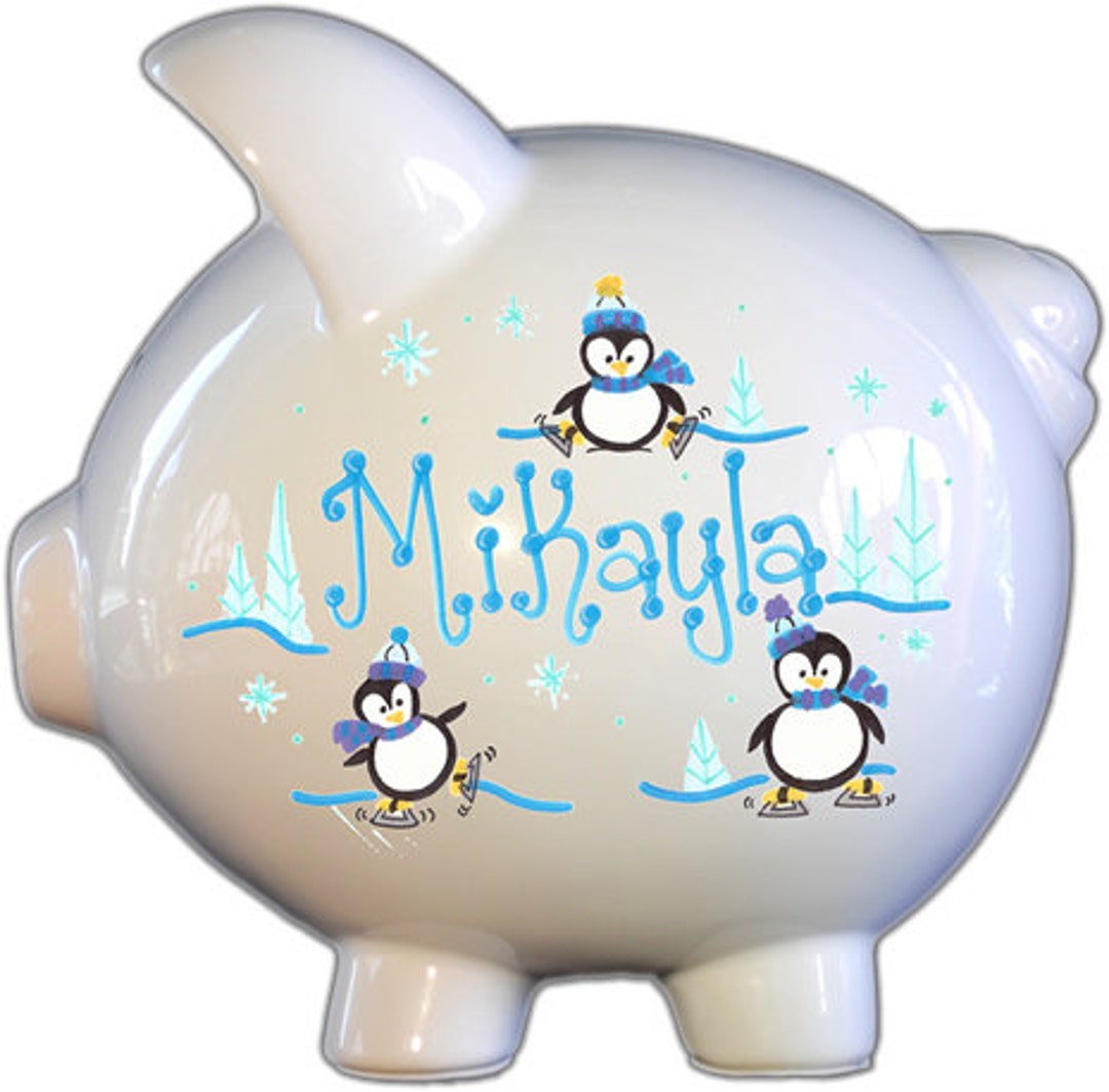 Personalized Piggy Bank With Penguins, White and Blue ,large Piggy Bank ...
