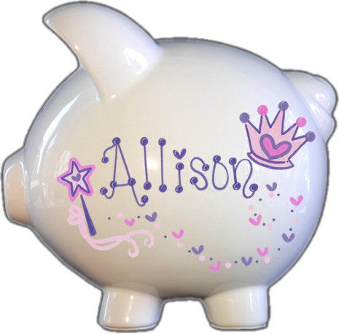 Personalized Piggy Bank With Princess Design White Hot Pink and Purple ...
