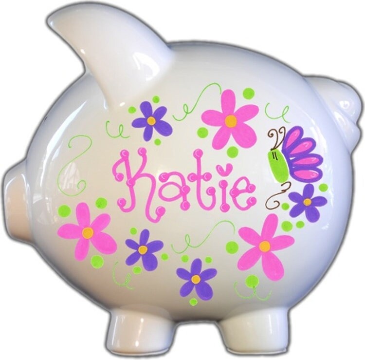 Personalized Piggy Bank with Flowers and Butterflies Hot | Etsy
