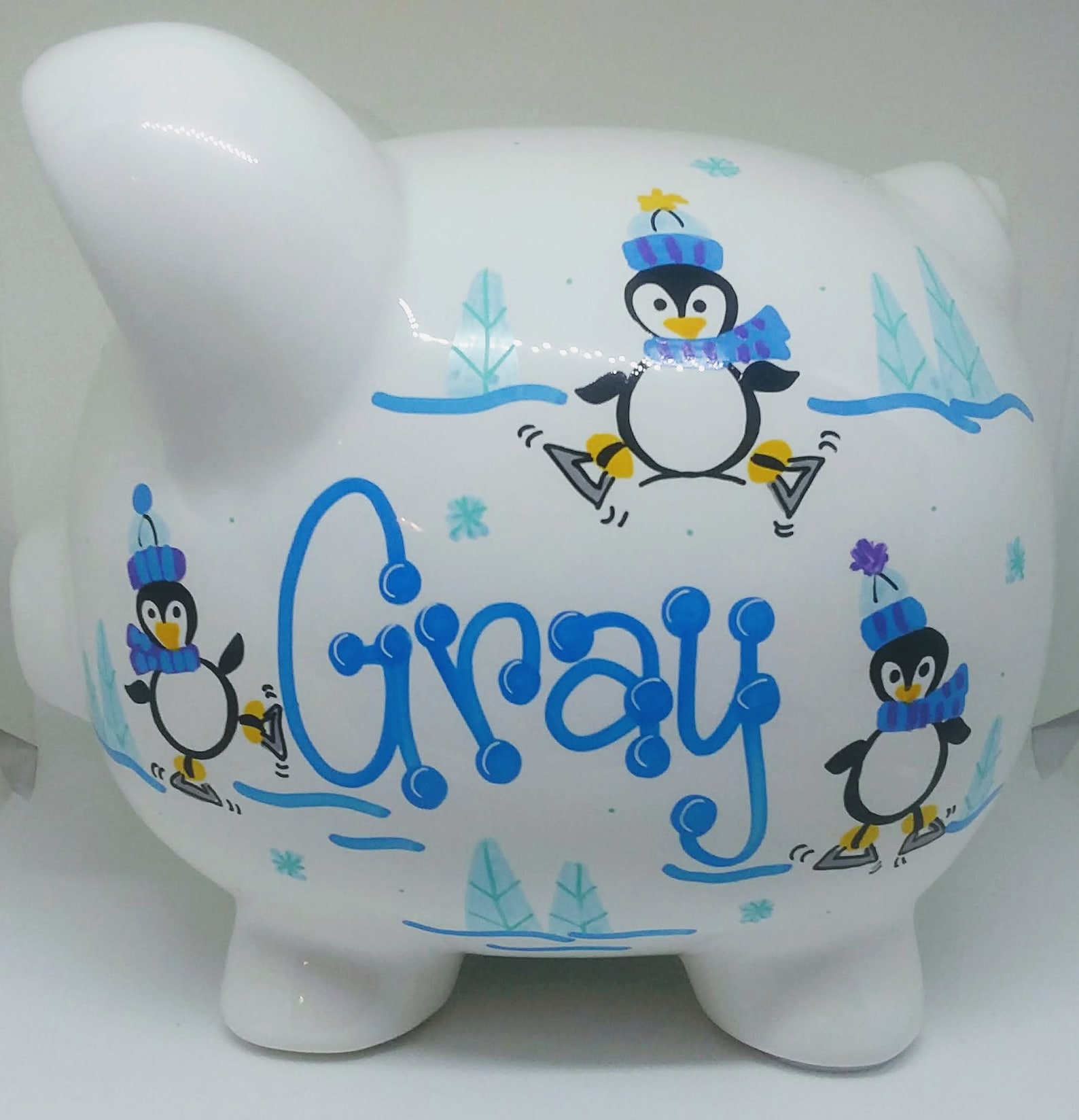 Personalized Piggy Bank With Penguins White and Blue large - Etsy