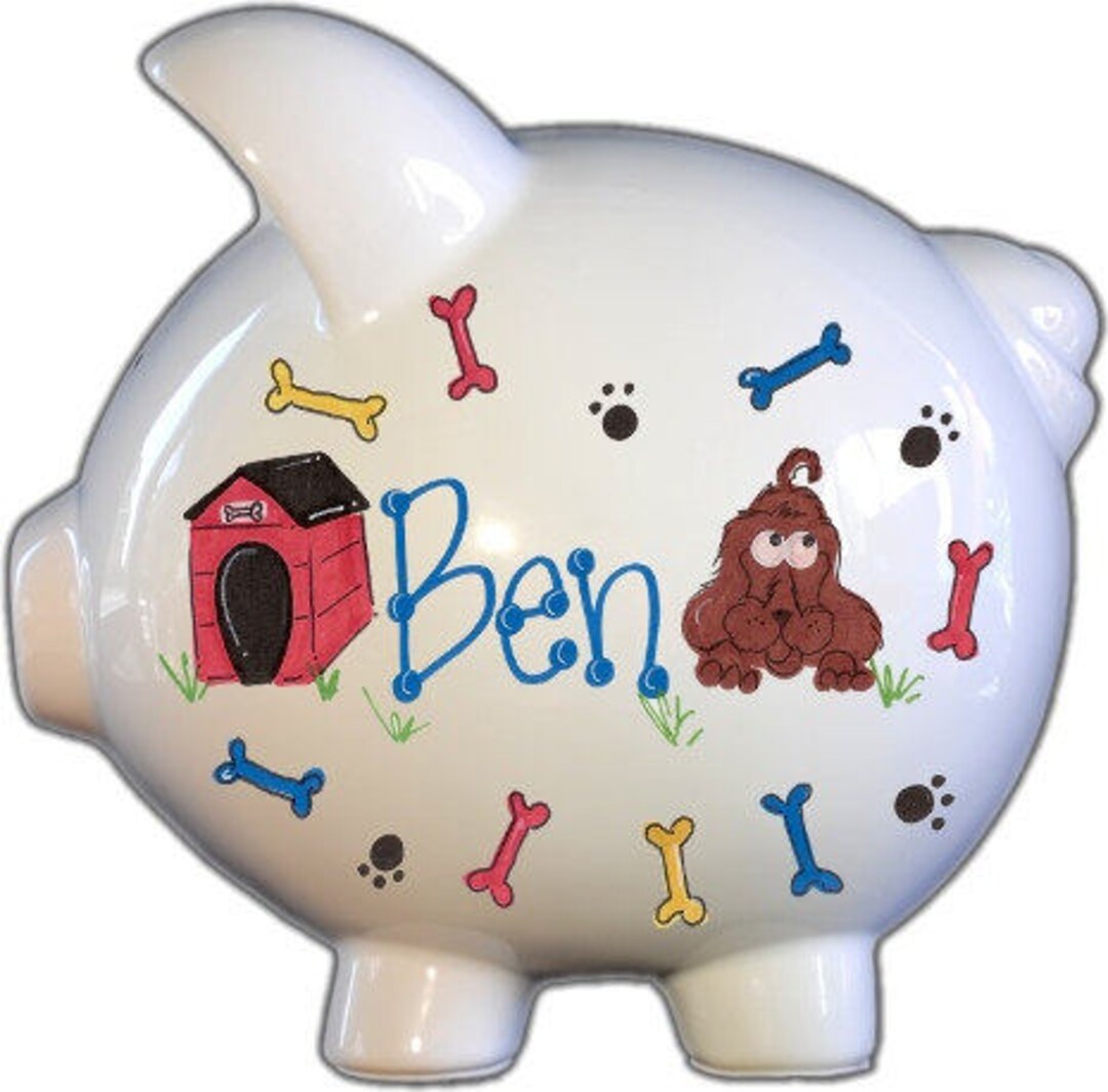 Personalized Puppy Dog Piggy Bank in Brown Blue Red and - Etsy