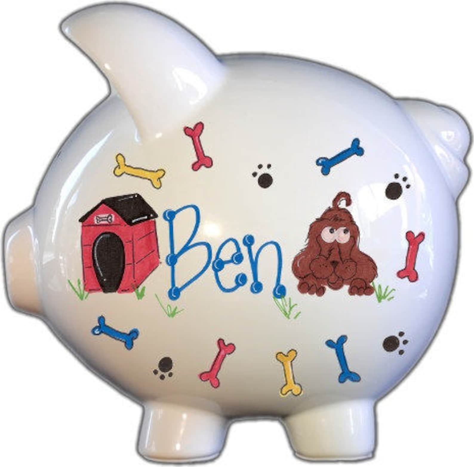 Personalized Puppy Dog Piggy Bank in Brown Blue Red and - Etsy