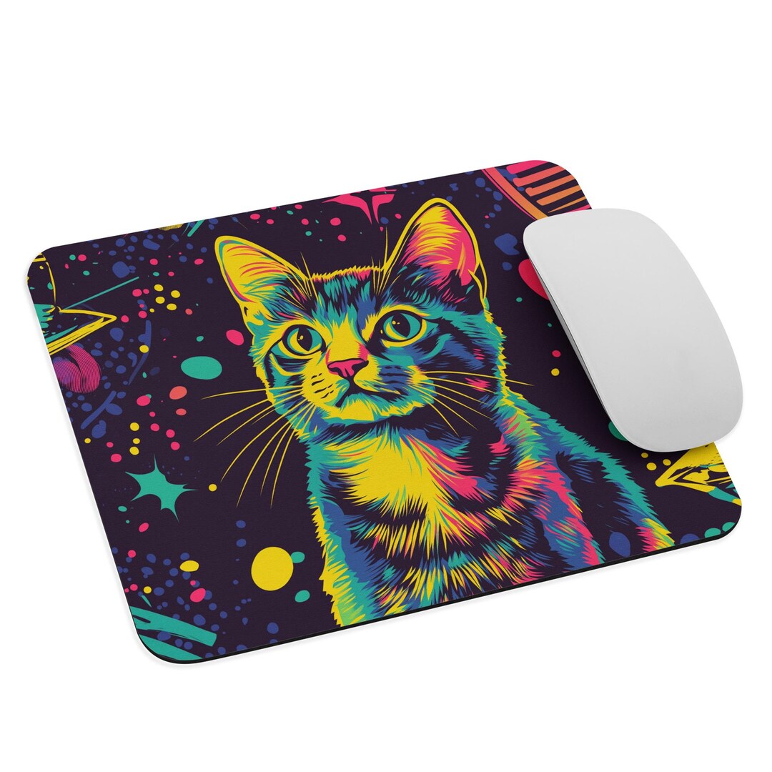 Retro Neon Kitten Mouse Pad • 80s Vaporwave Desk Mat • Cosmic RGB ...