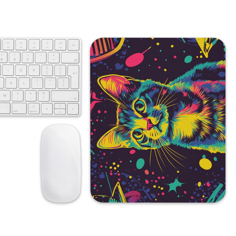 Retro Neon Kitten Mouse Pad • 80s Vaporwave Desk Mat • Cosmic RGB ...