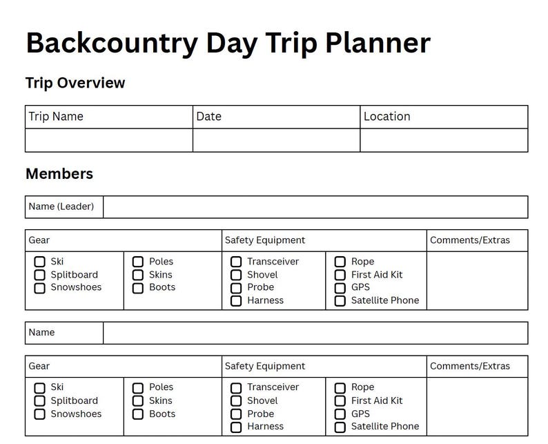 Backcountry Day Trip Planner, Ski and Snowboard Safety Checklist, Trip ...