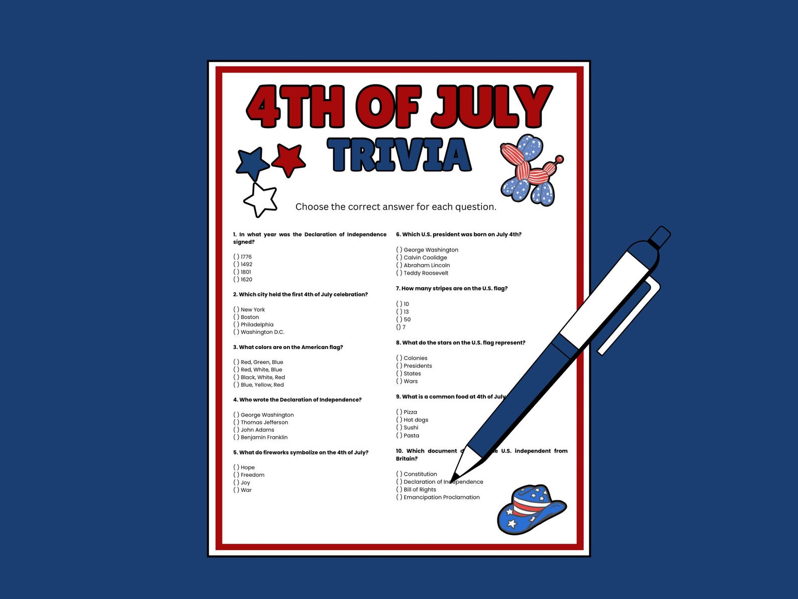4th of July Trivia Game for Kids: Independence Day Quiz (PDF With ...