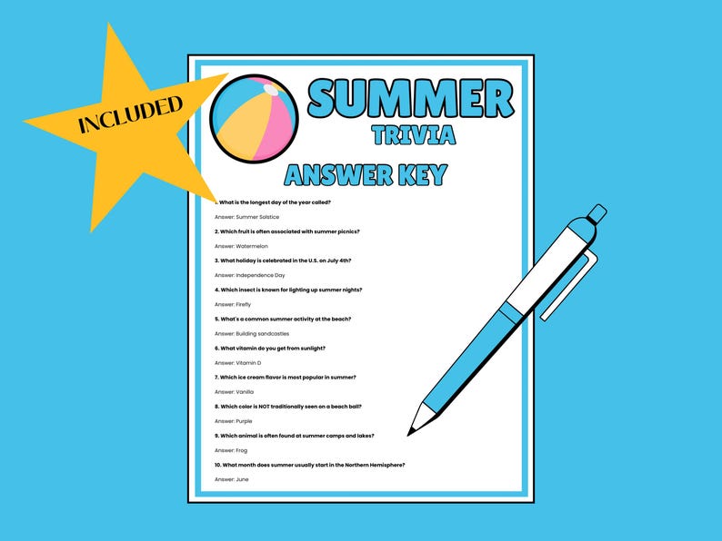 Summer Trivia Game for Kids: Printable Vacation Quiz (PDF Activity With ...