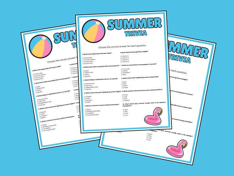 Summer Trivia Game for Kids: Printable Vacation Quiz (PDF Activity With ...