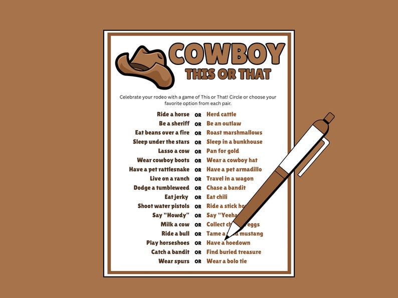 Cowboy This or That Game: Western Party Activity (PDF Downloadable) - Etsy