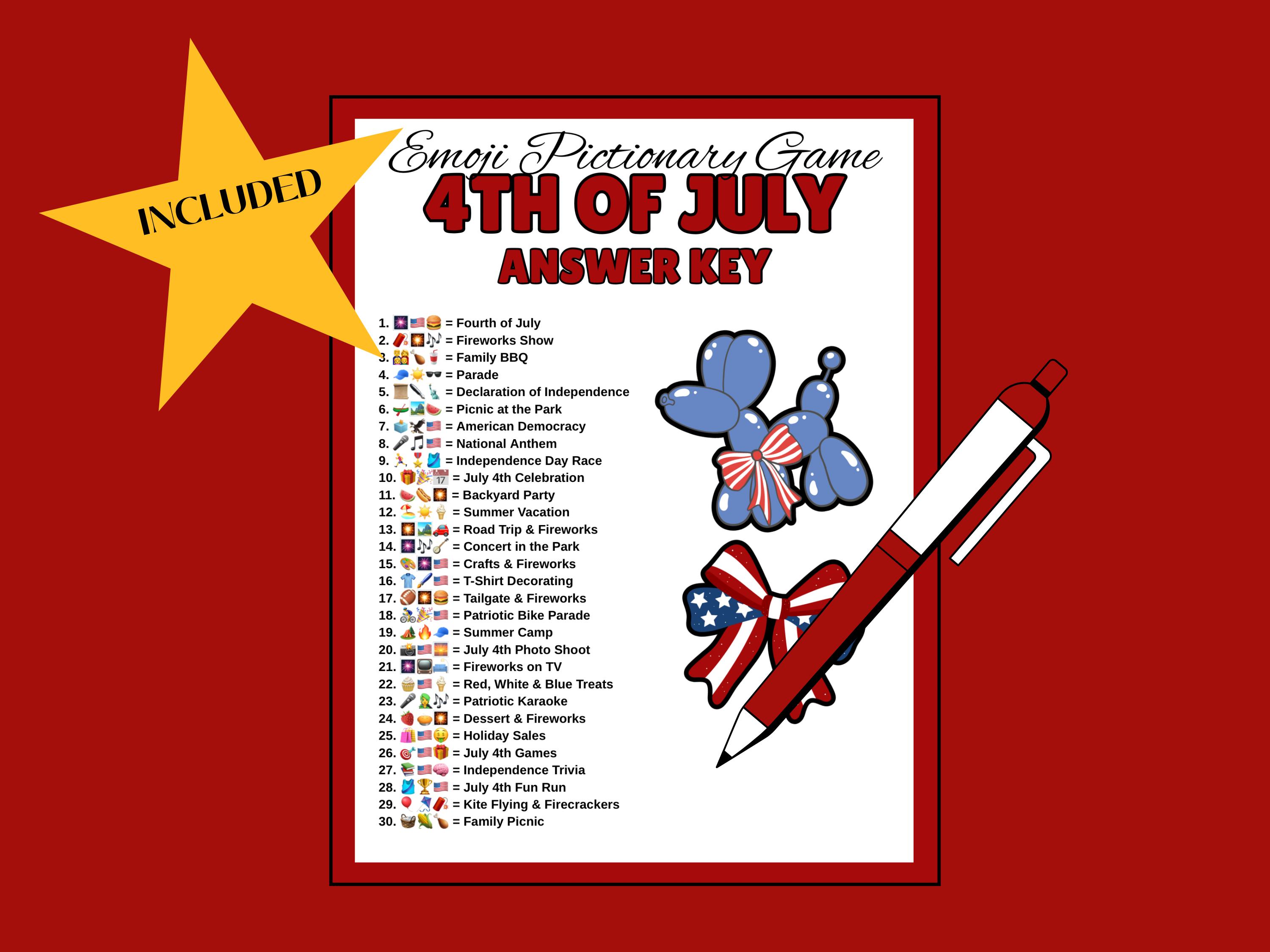 4th of July Emoji Pictionary Game: Patriotic Party Activity (PDF With ...