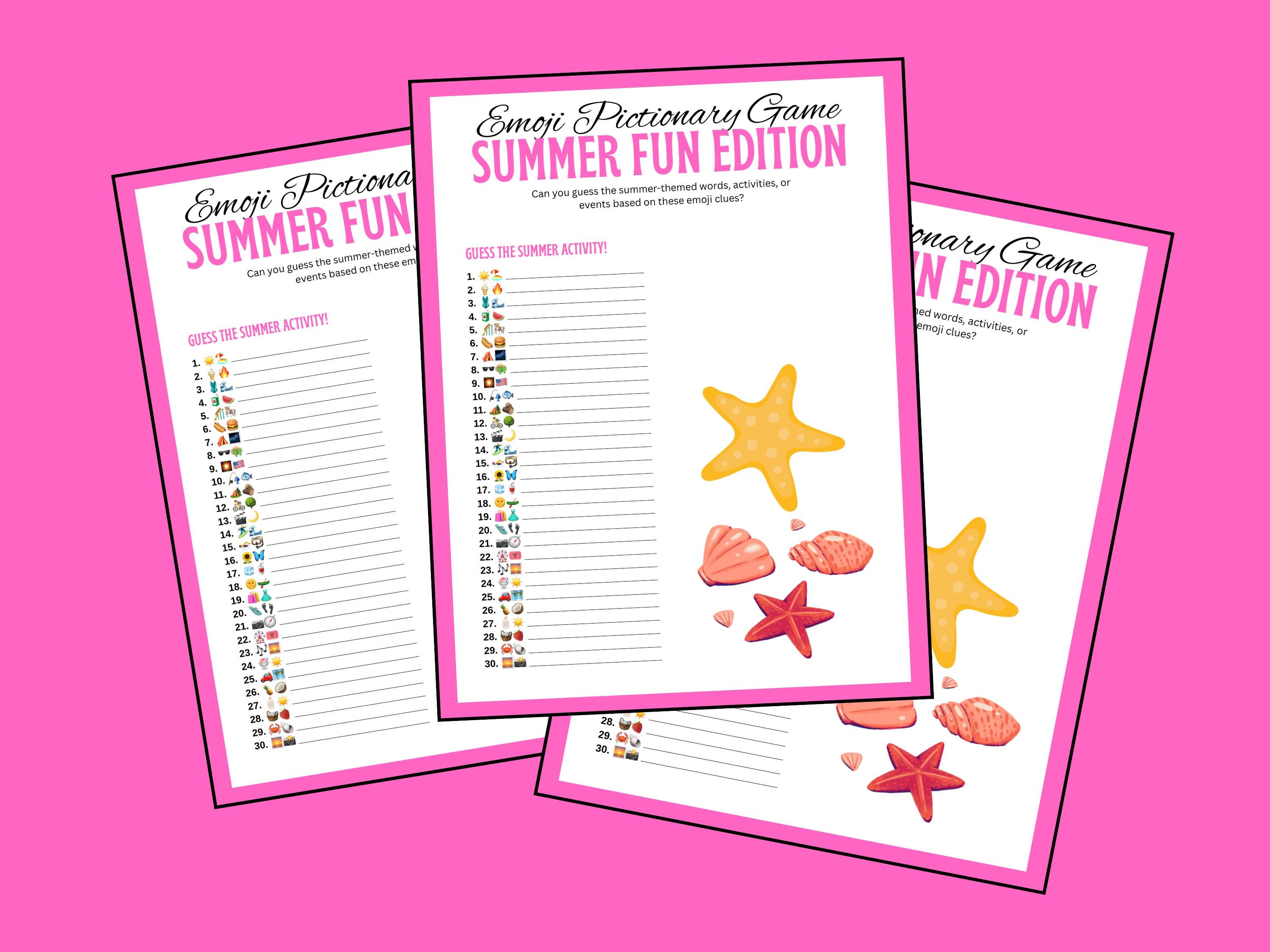 Emoji Pictionary Summer Edition | Printable Party Game With 30 Summer ...