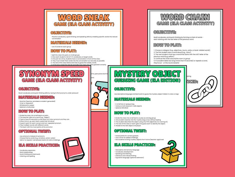 ELA Game Bundle: Printable Vocabulary & Language Activities (PDF ...
