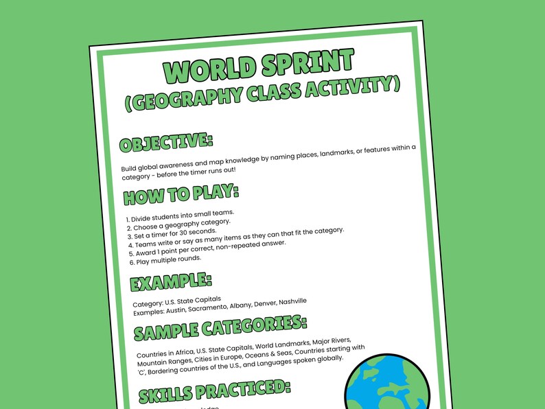 World Sprint Geography Game | Printable Classroom Category Challenge ...