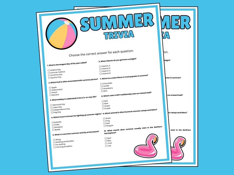 Summer Trivia Game for Kids | Printable Vacation Quiz With Answer Key ...