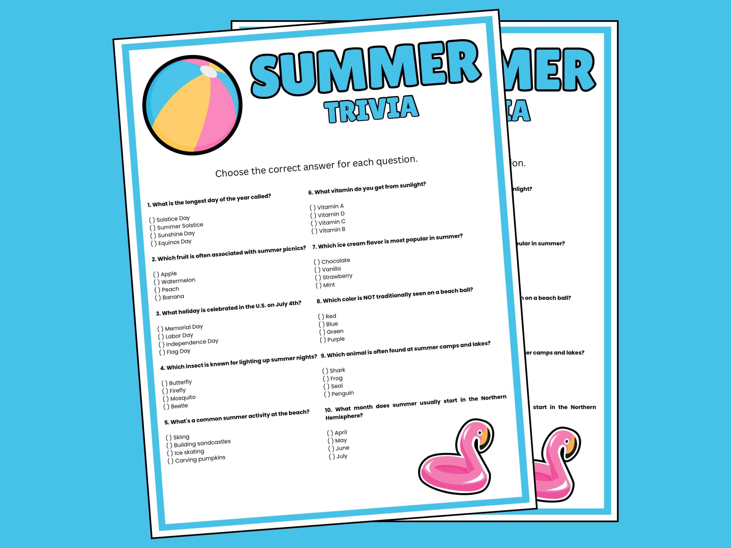 Summer Trivia Game for Kids: Printable Vacation Quiz (PDF Activity With ...
