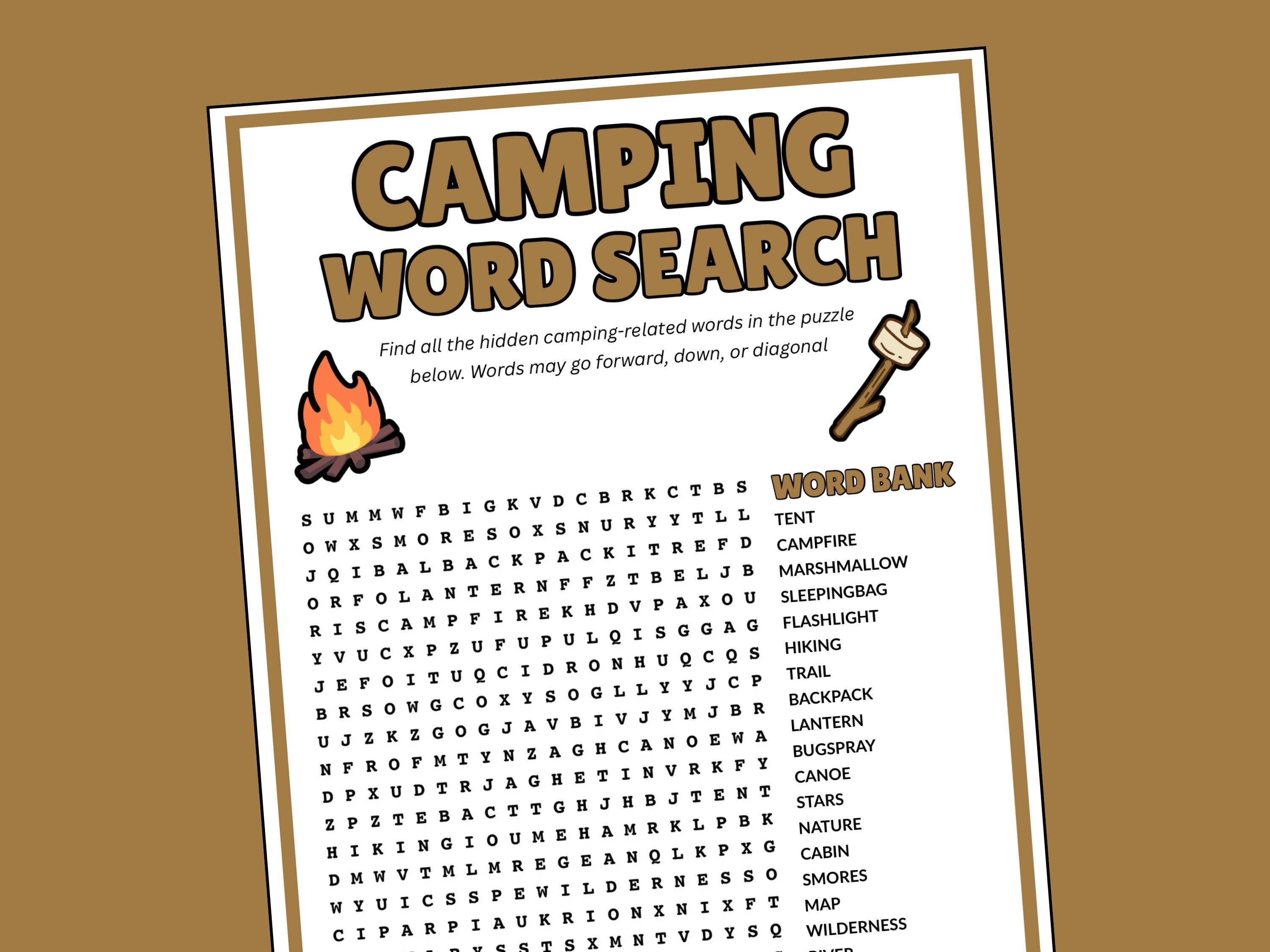 Camping Word Search Puzzle: Fun Outdoor Activity for Kids (PDF Download ...