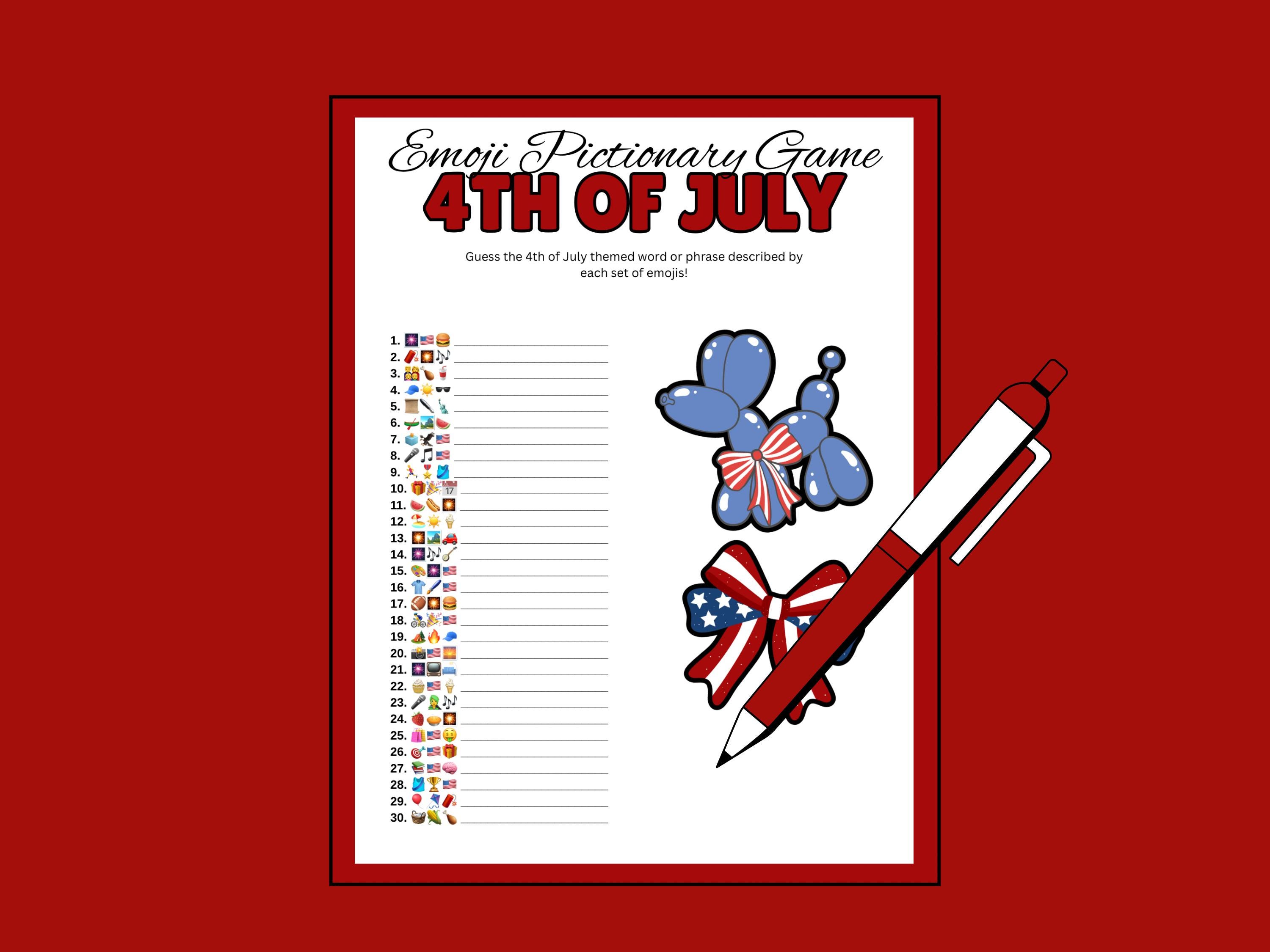 4th of July Emoji Pictionary Game: Patriotic Party Activity (PDF With ...