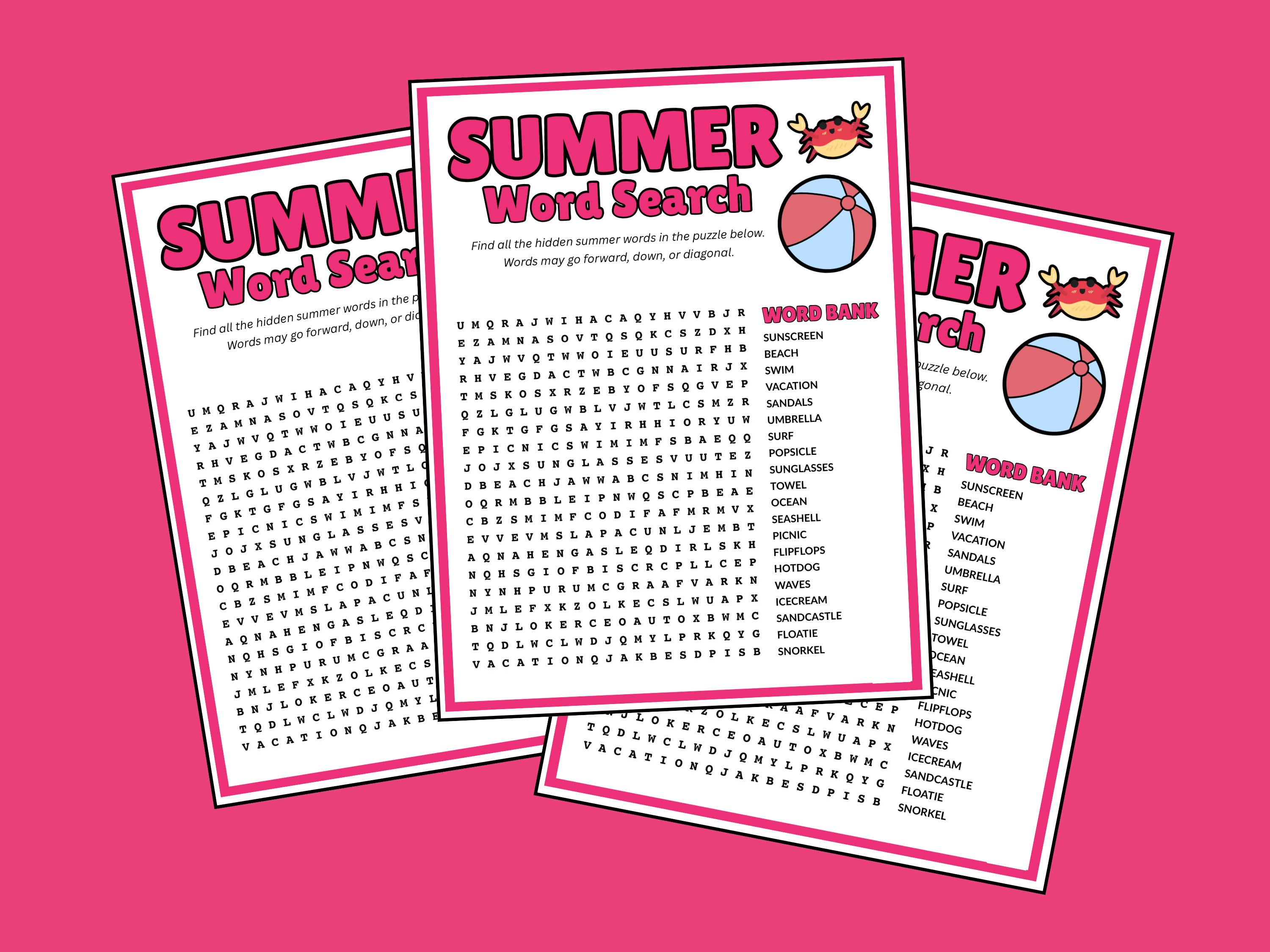 Summer Word Search – Printable Puzzle for Kids | Fun Beach, Camp, or ...