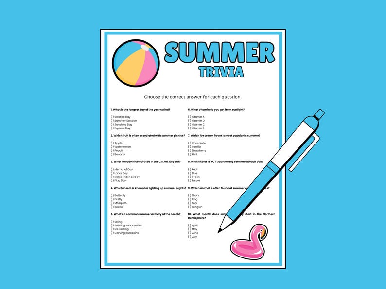 Summer Trivia Game for Kids: Printable Vacation Quiz (PDF Activity With ...
