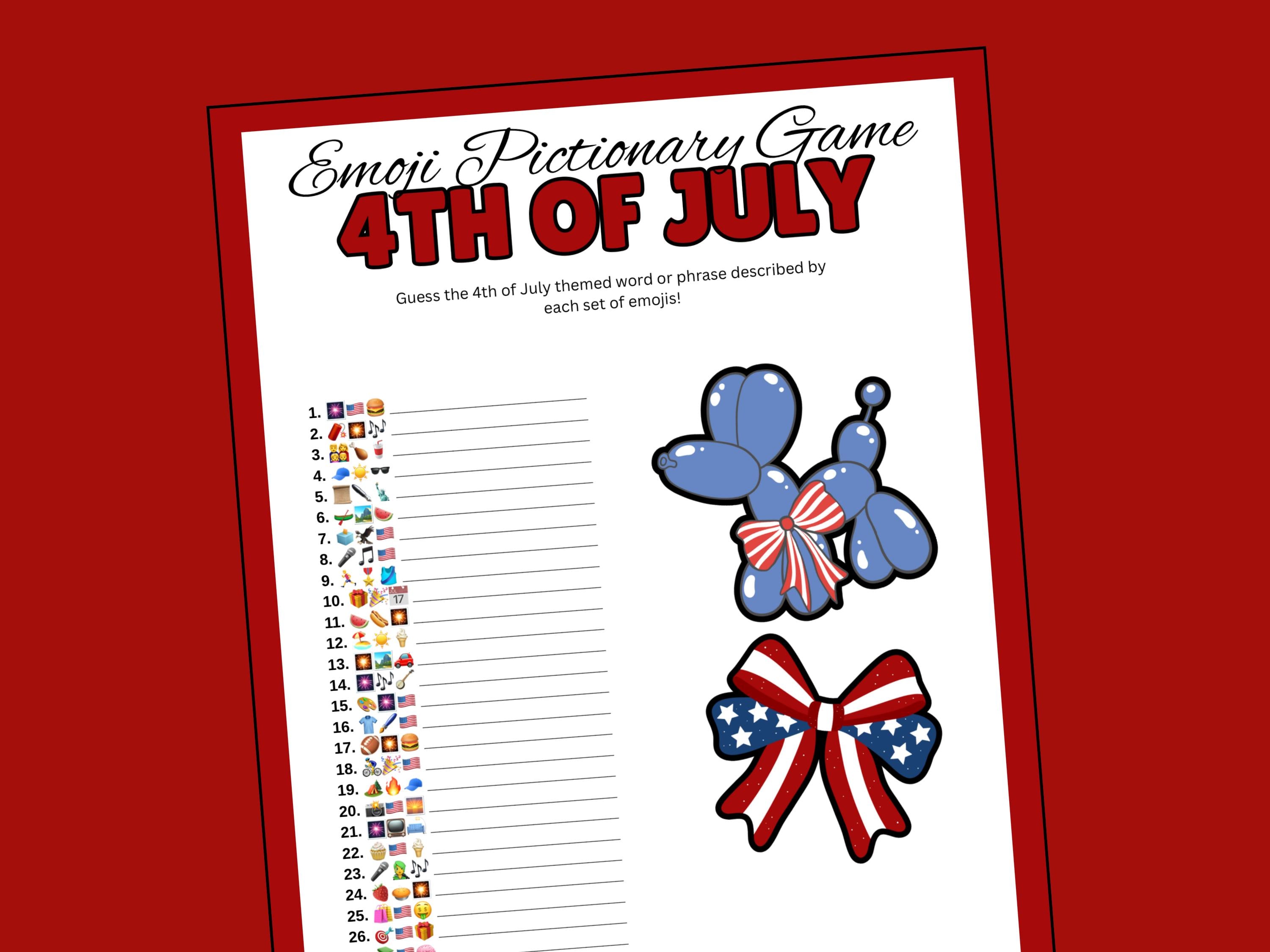 4th of July Emoji Pictionary Game: Patriotic Party Activity (PDF With ...