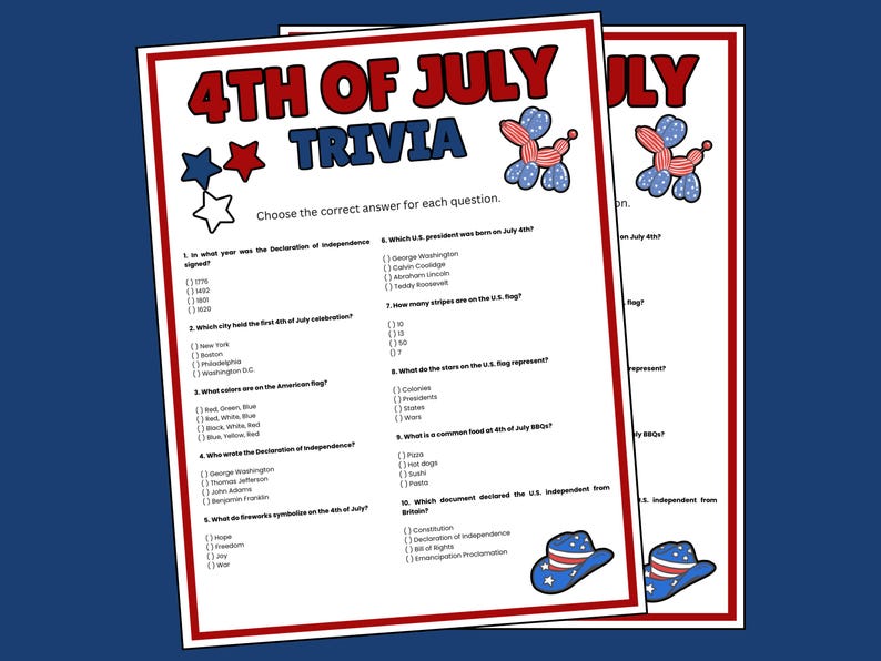 4th of July Trivia Game for Kids: Independence Day Quiz (PDF With ...