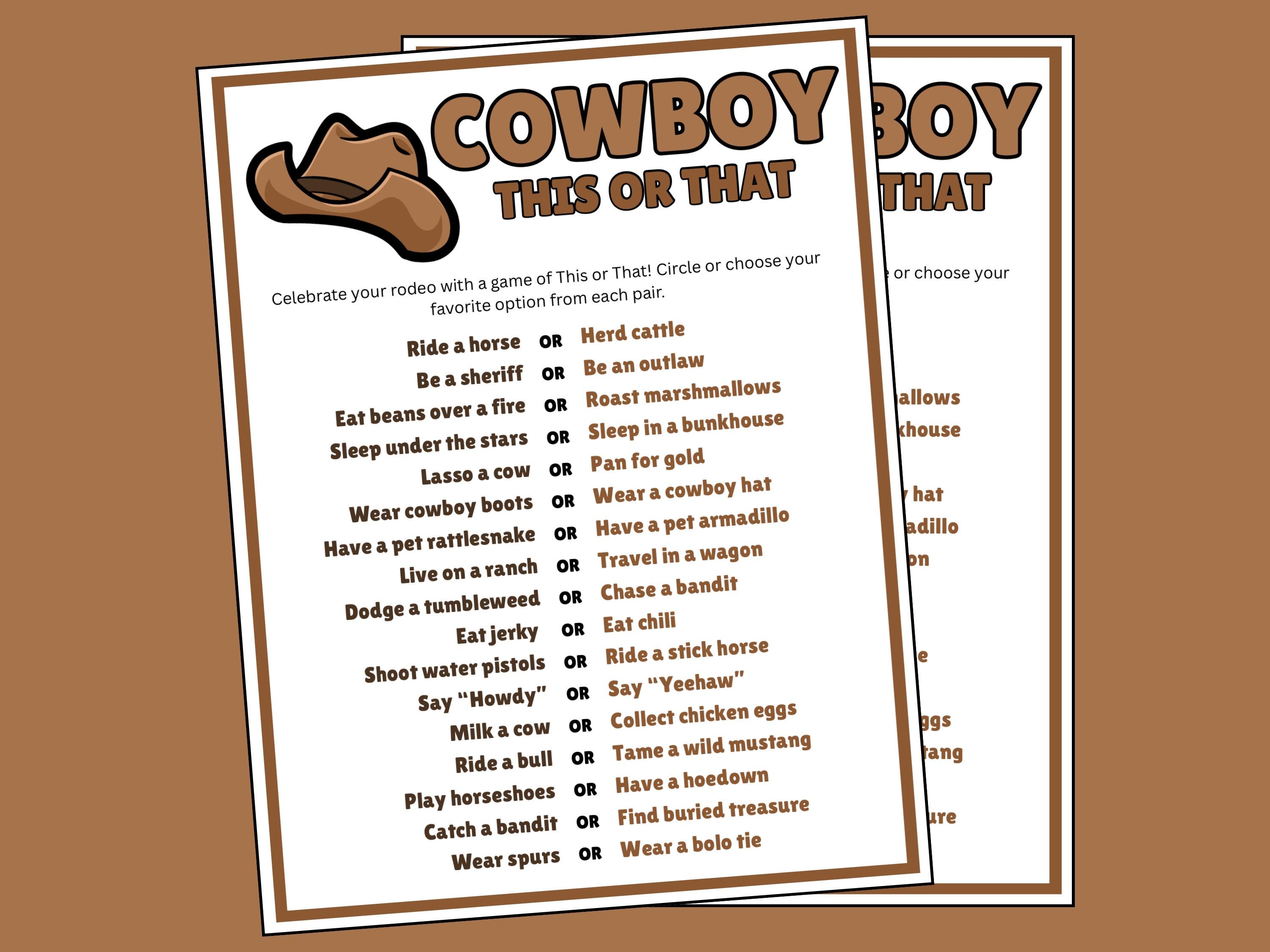 Cowboy This or That Game: Western Party Activity (PDF Downloadable) - Etsy