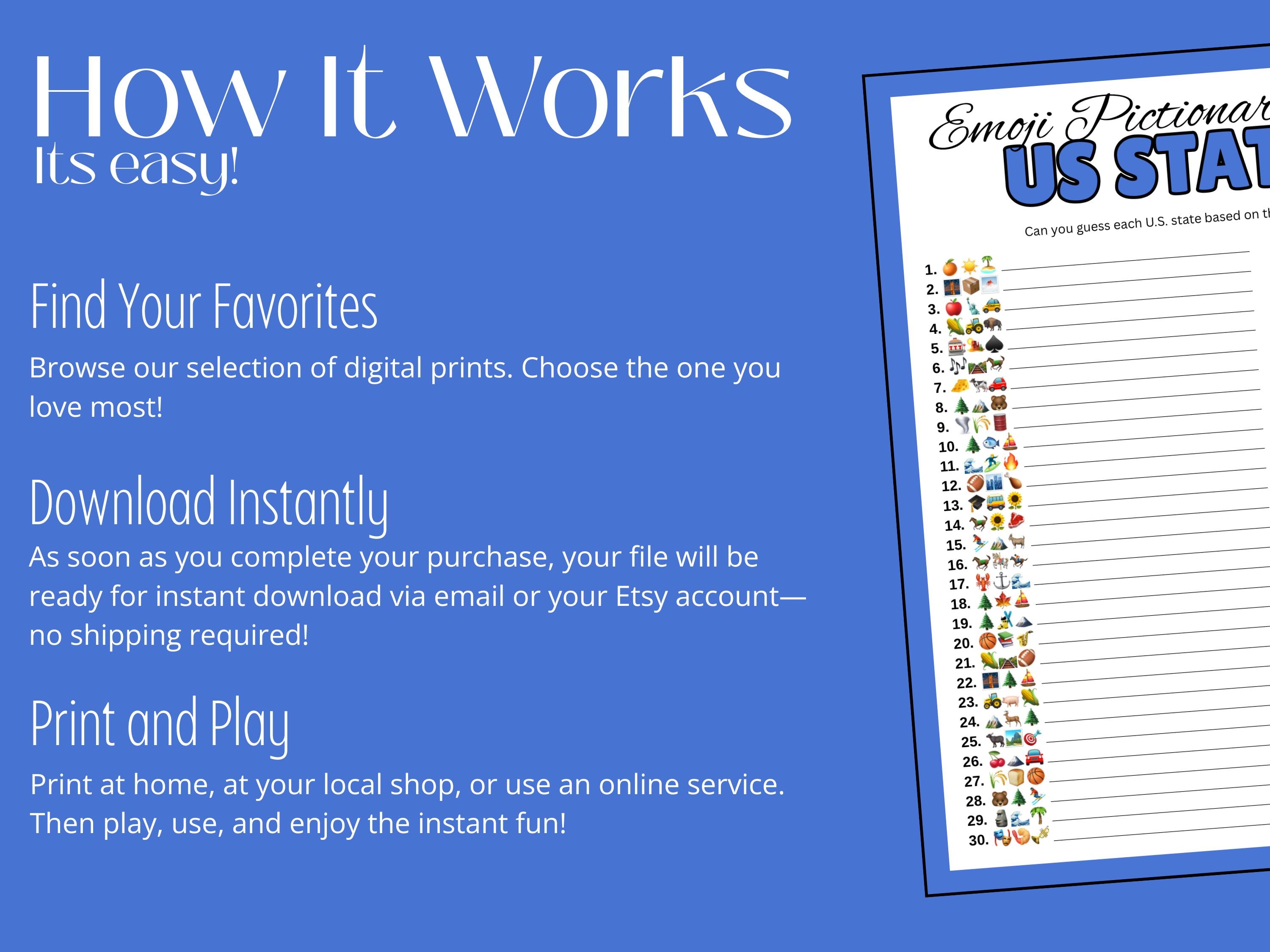 U.S. States Emoji Pictionary Game: Geography Fun (printable PDF ...