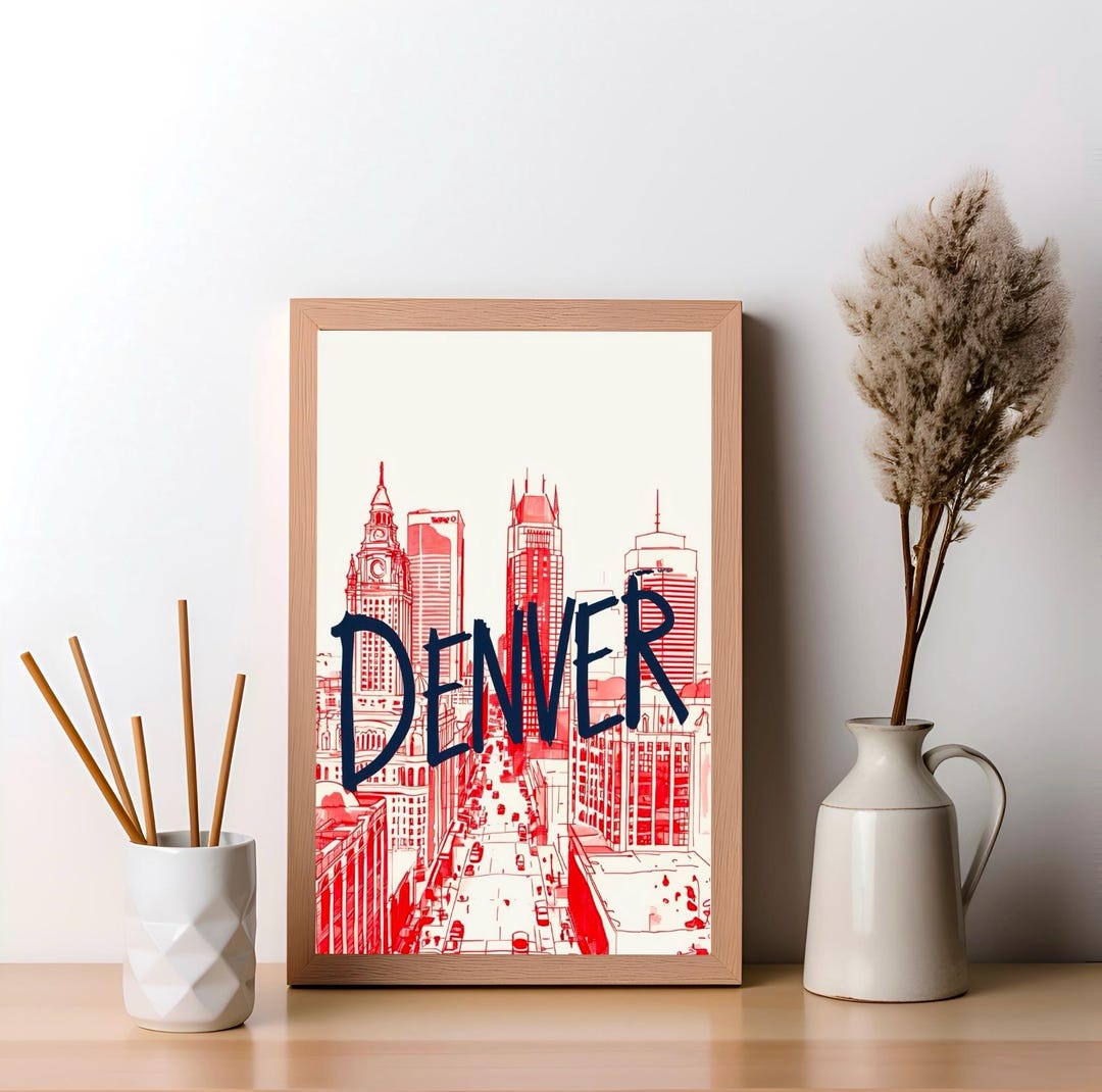 Denver City Skyline Art Print – Red Urban Sketch With Bold Lettering - Etsy