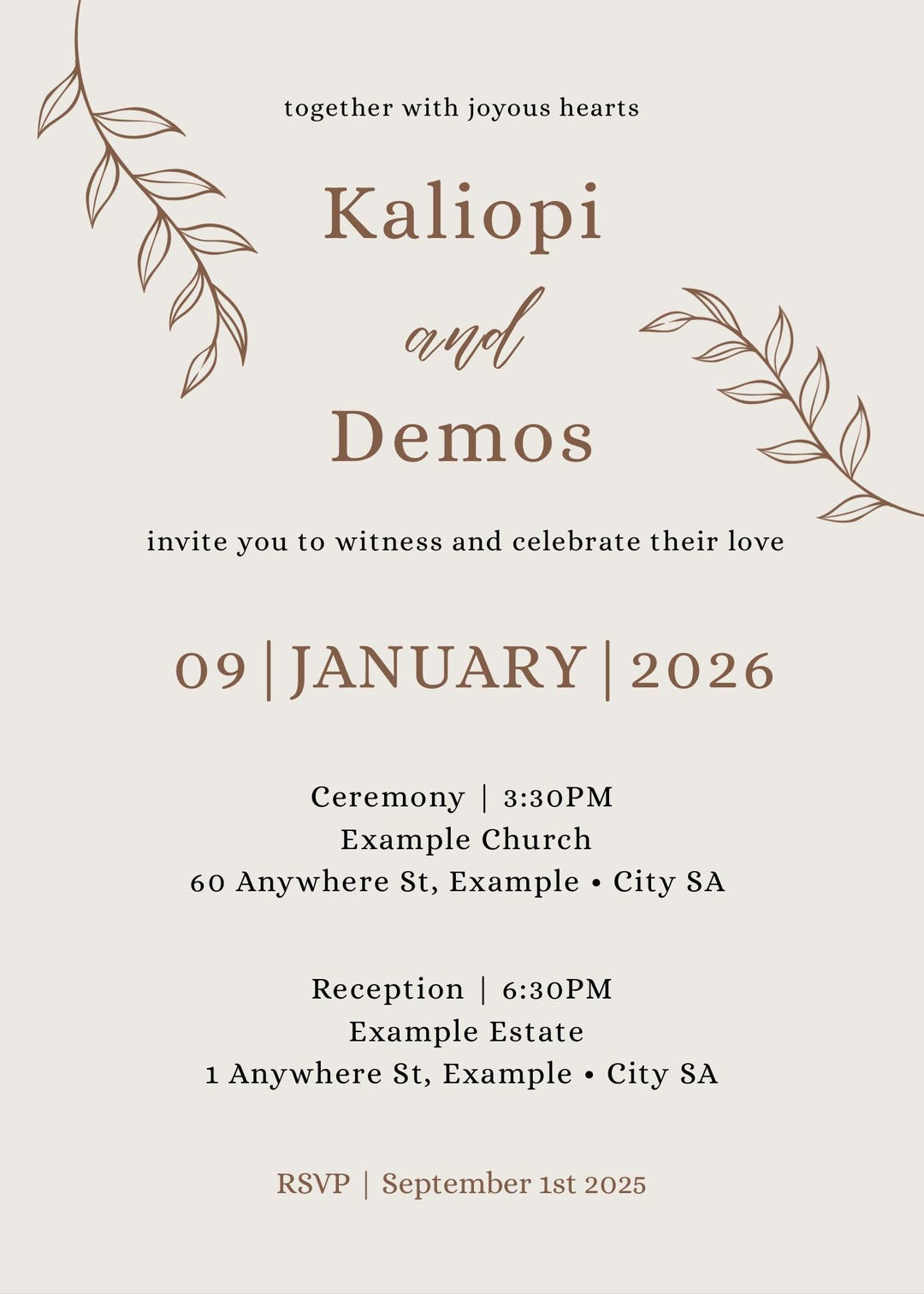 Cream Beige Brown With Vines Wedding Invite Template - Etsy