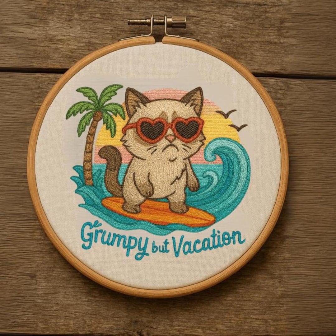 Grumpy Cat Surfing Embroidery Design – Funny Vacation Kitty Machine ...