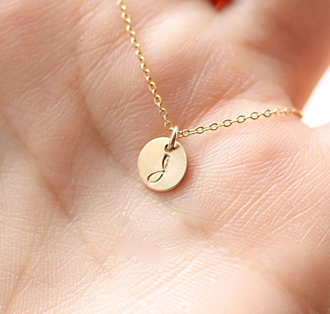 Tiny Gold Initial Necklace Brushed Disc Necklace - Etsy