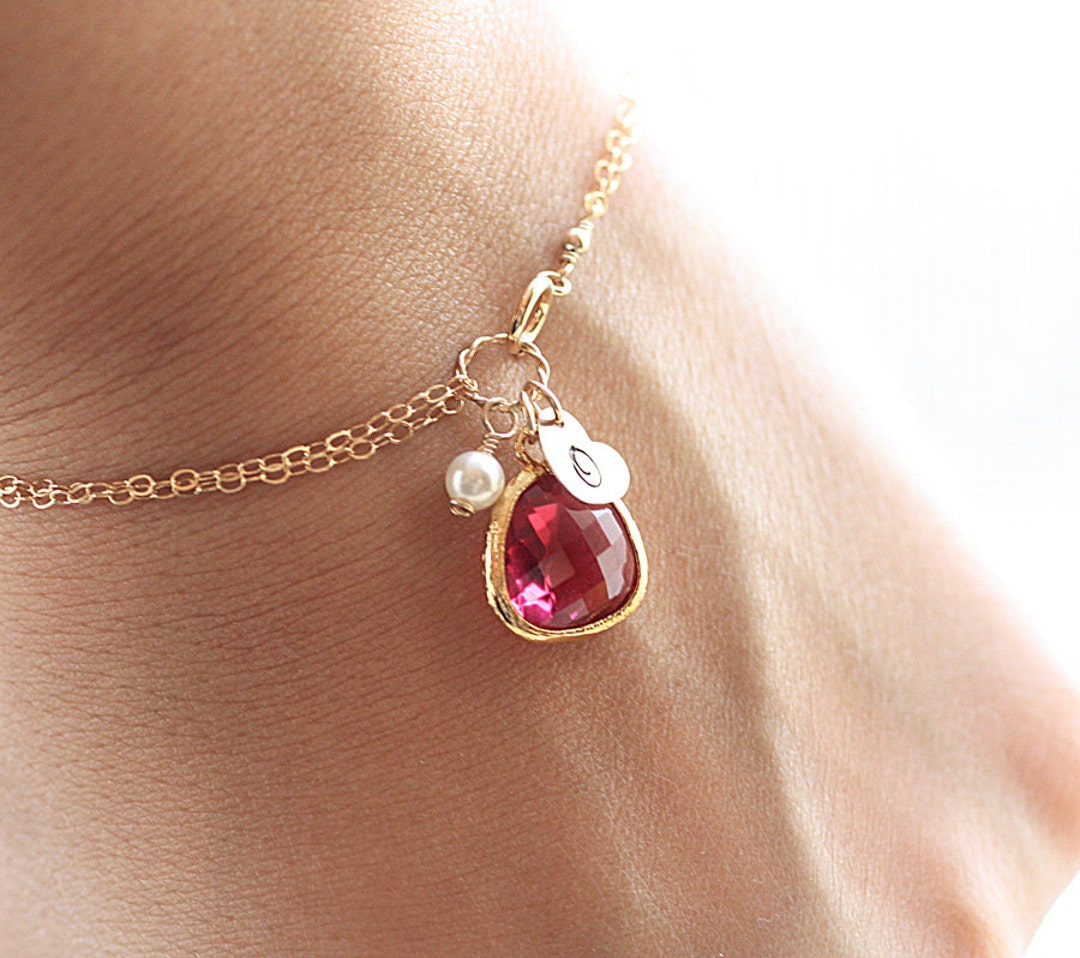 Gold Initial Charm Bracelet, Raspberry Pink Glass Pendant, Swarovksi ...