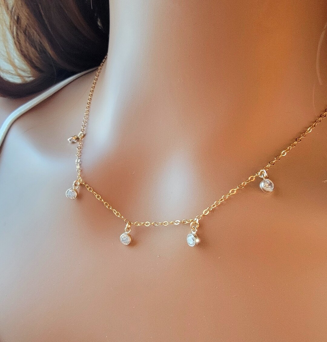 Tiny Cubic Zirconia Drop Necklace, Dainty CZ Dangle Necklace, Gold Fill ...