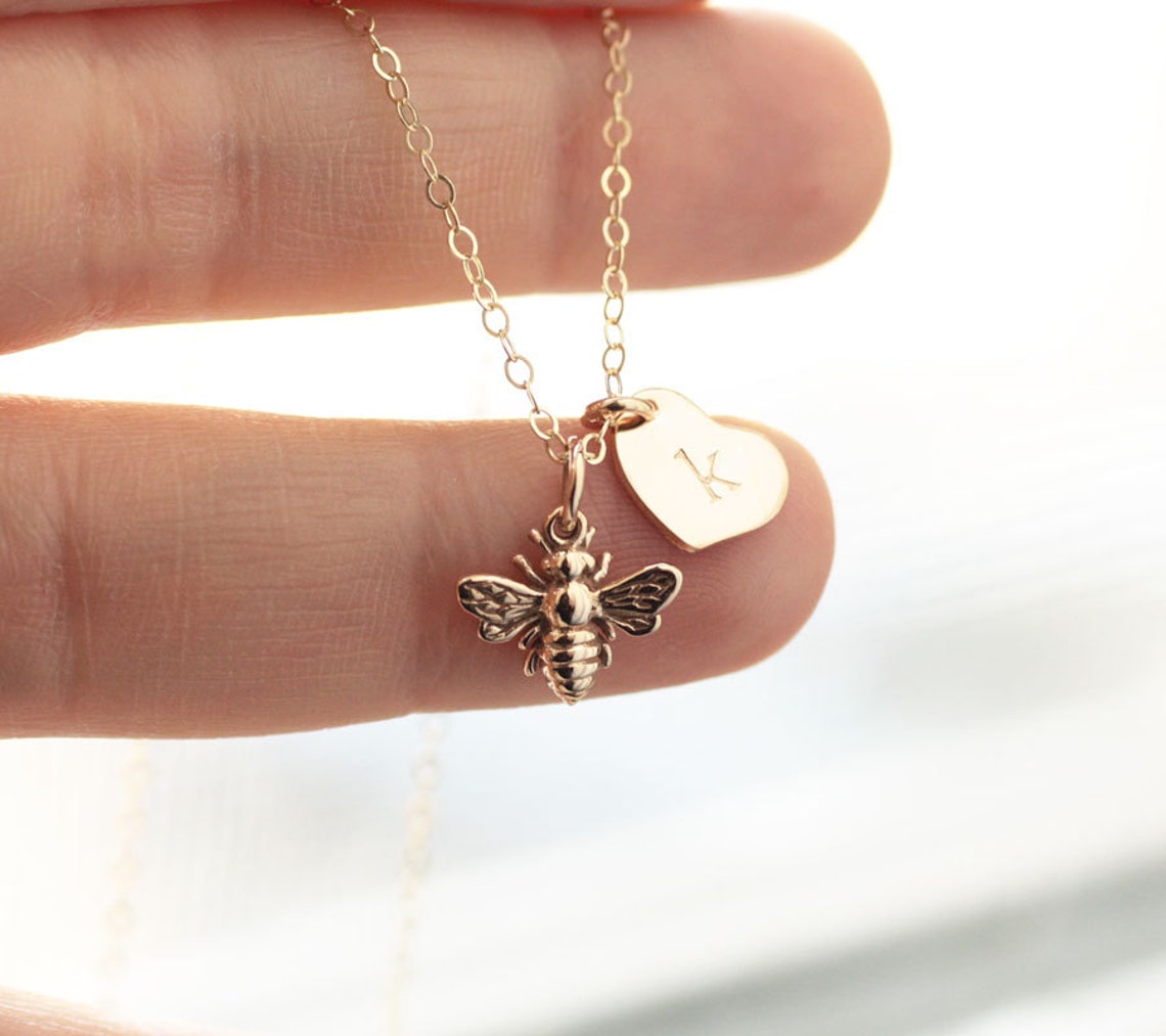 Dainty Bee Necklace Initial Charm Necklace Personalized | Etsy