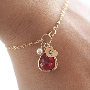 Gold Initial Charm Bracelet, Raspberry Pink Glass Pendant, Swarovksi ...