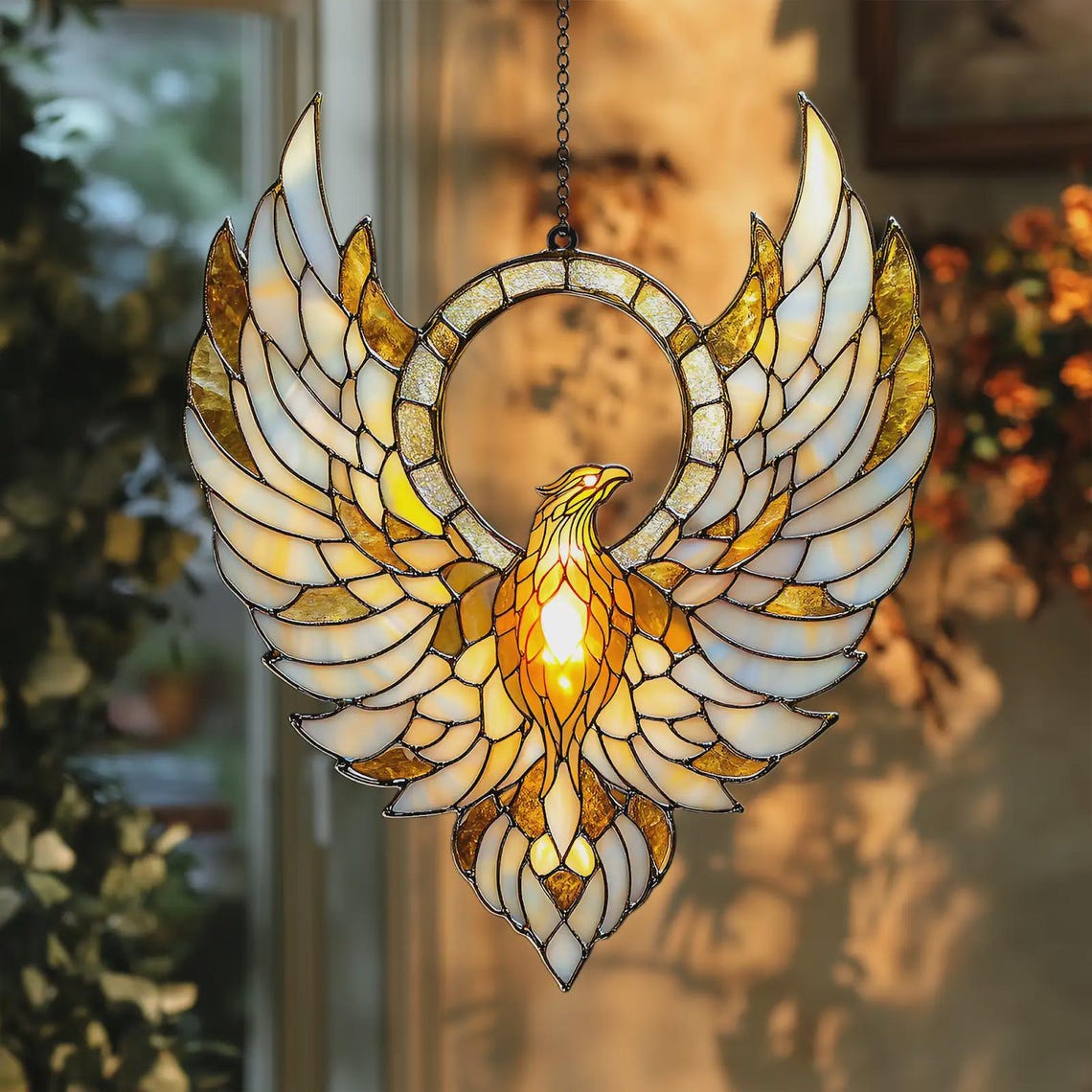 Glowing Phoenix Faux Stained Glass Suncatcher - Acrylic Firebird Window ...