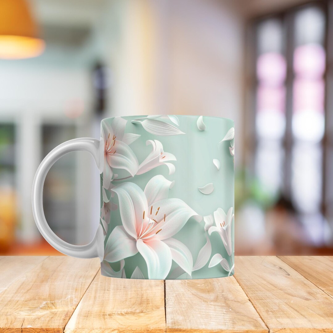 White Lily Mug Wrap PNG | Sage Green Floral Design | 3D Watercolor ...