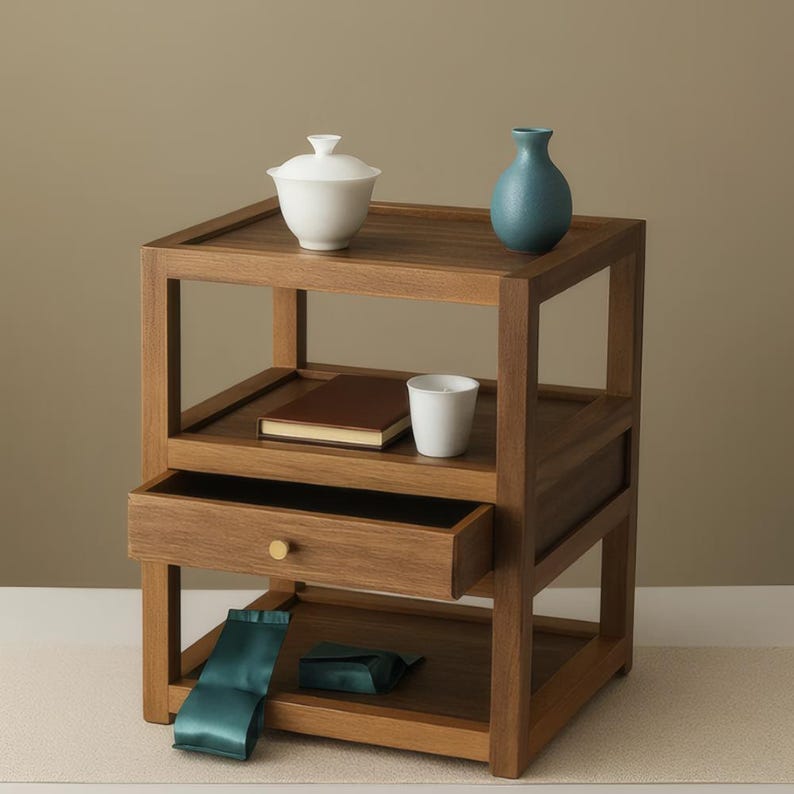 Walnut Wood 3-tier Tea Set Display Shelf With Drawer - Etsy