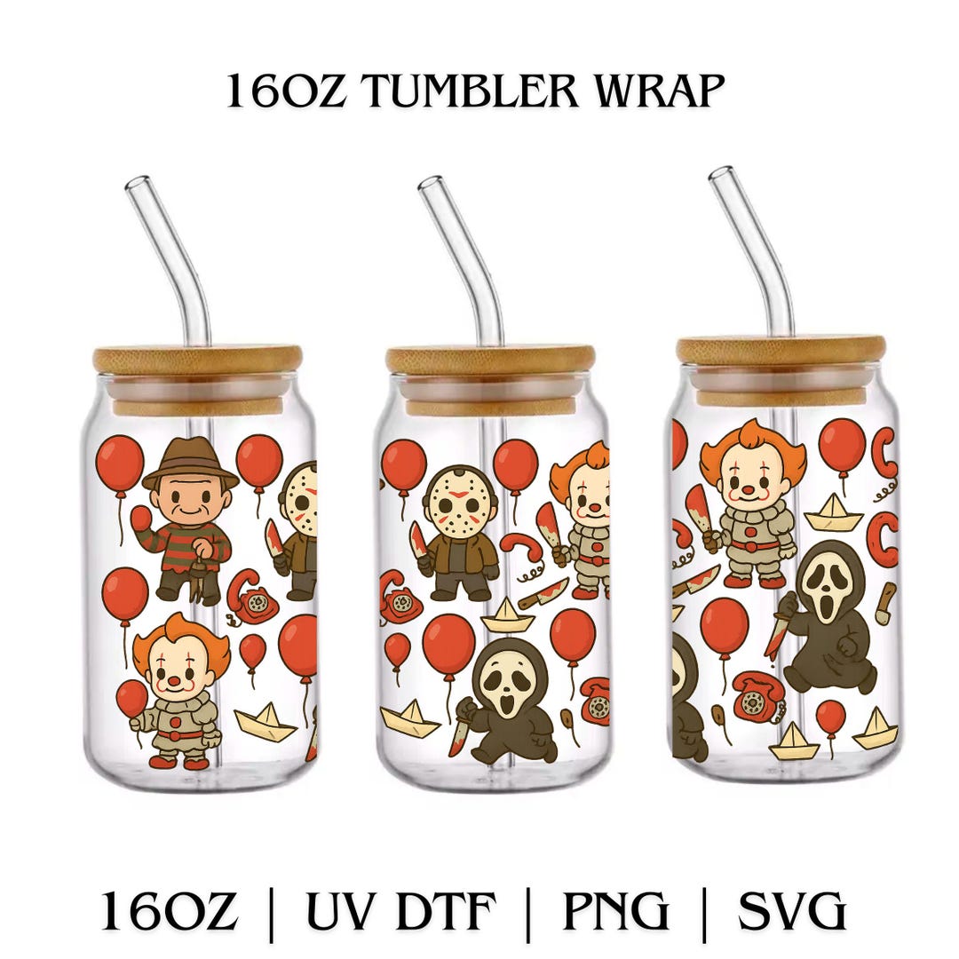 Cute Horror Slasher Cup Wrap SVG PNG – Chibi Halloween DTF Design With ...