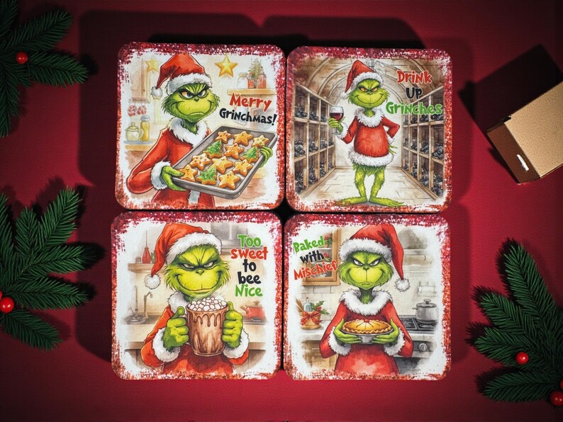 Grinch Christmas Coaster Set | Holiday Decor, Funny Grinch Artwork, 4 ...
