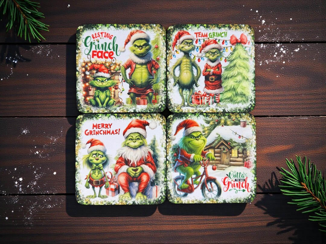 Grinch Christmas Coaster Set | Holiday Decor, Funny Grinch Artwork, 4 ...